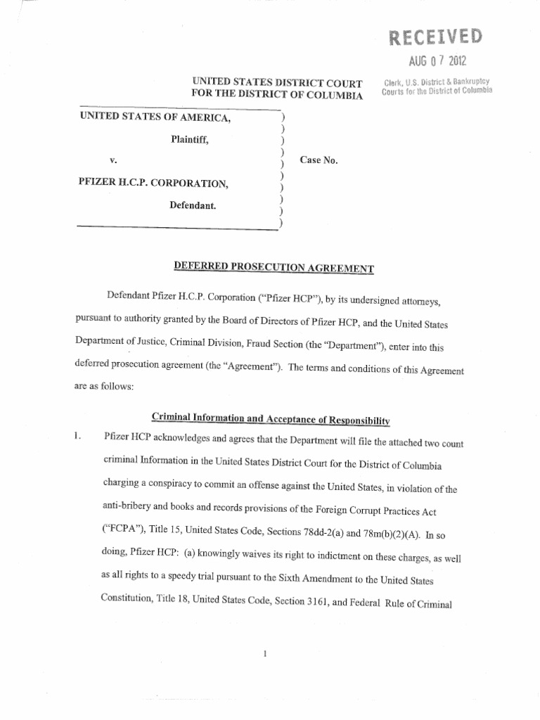 U.S. v. Pfizer HCP Corporation (Deferred Prosecution Agreement) | PDF ...
