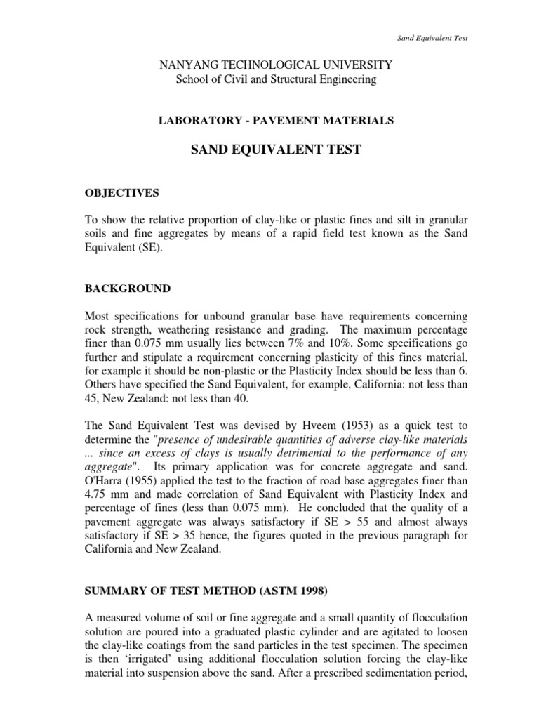 Sand Equivalent Test: Laboratory - Pavement Materials | Descargar ...