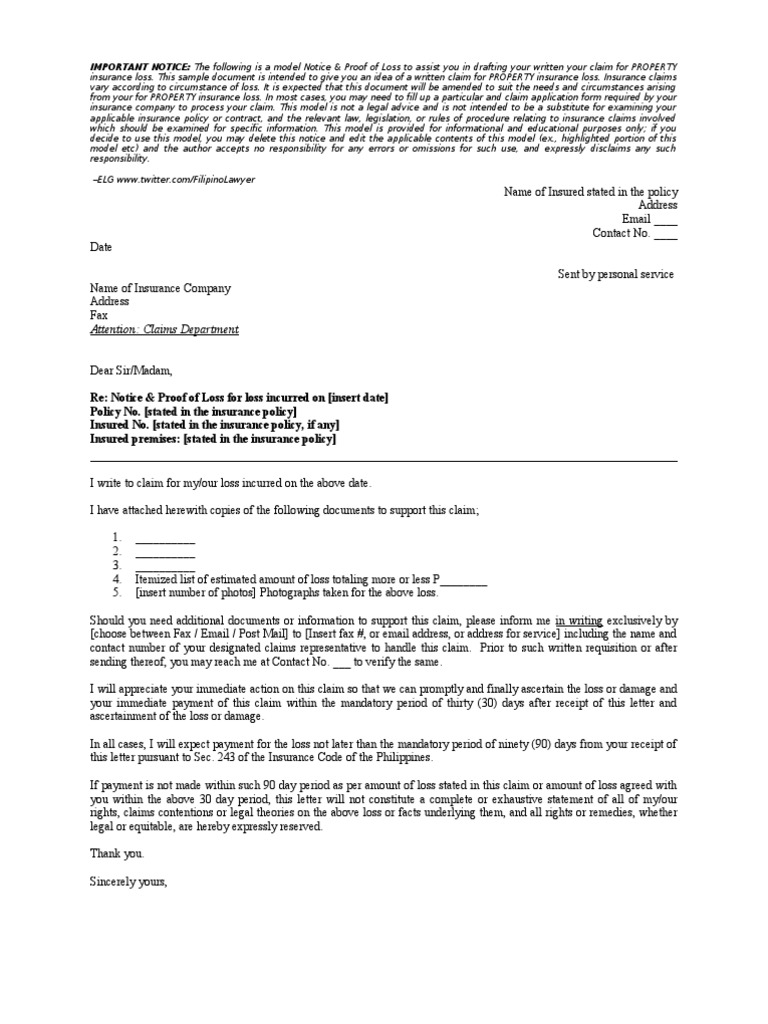 Model Notice & Proof of Loss | PDF | Insurance | Virtue