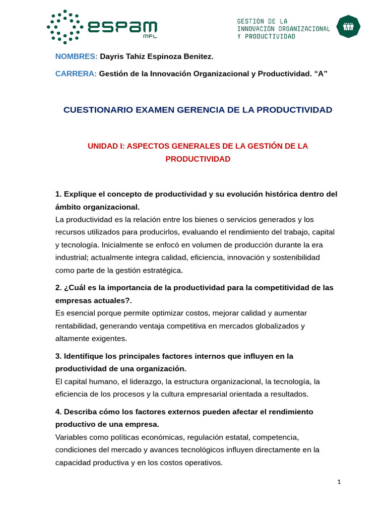 Cuestionario Dayris Espinoza Gerencia de La Productividad | PDF ...