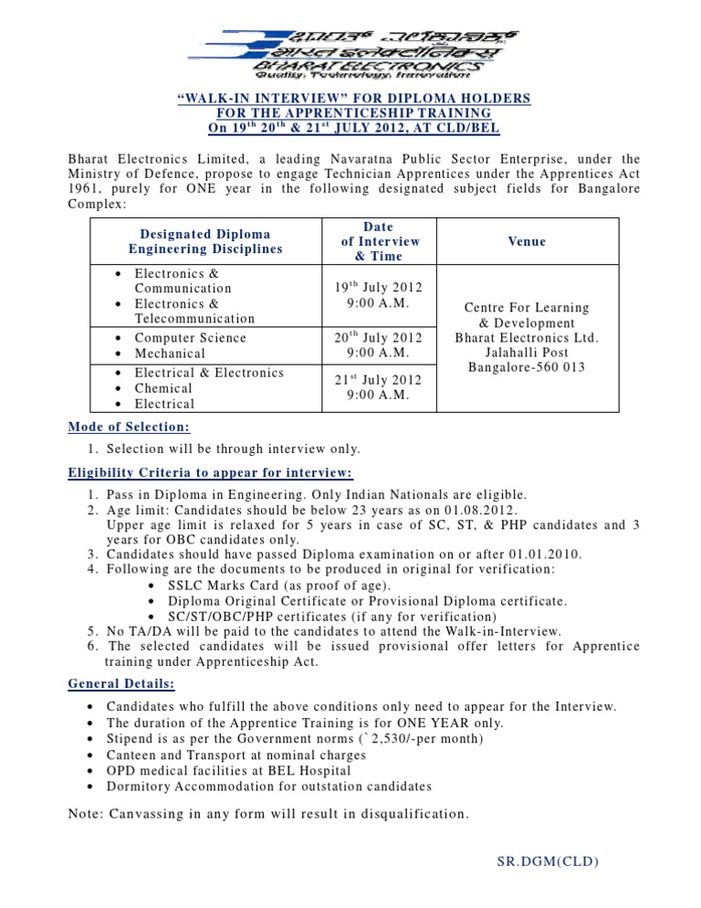 Notification BEL Apprenticeship Training | PDF | Finance & Money Management