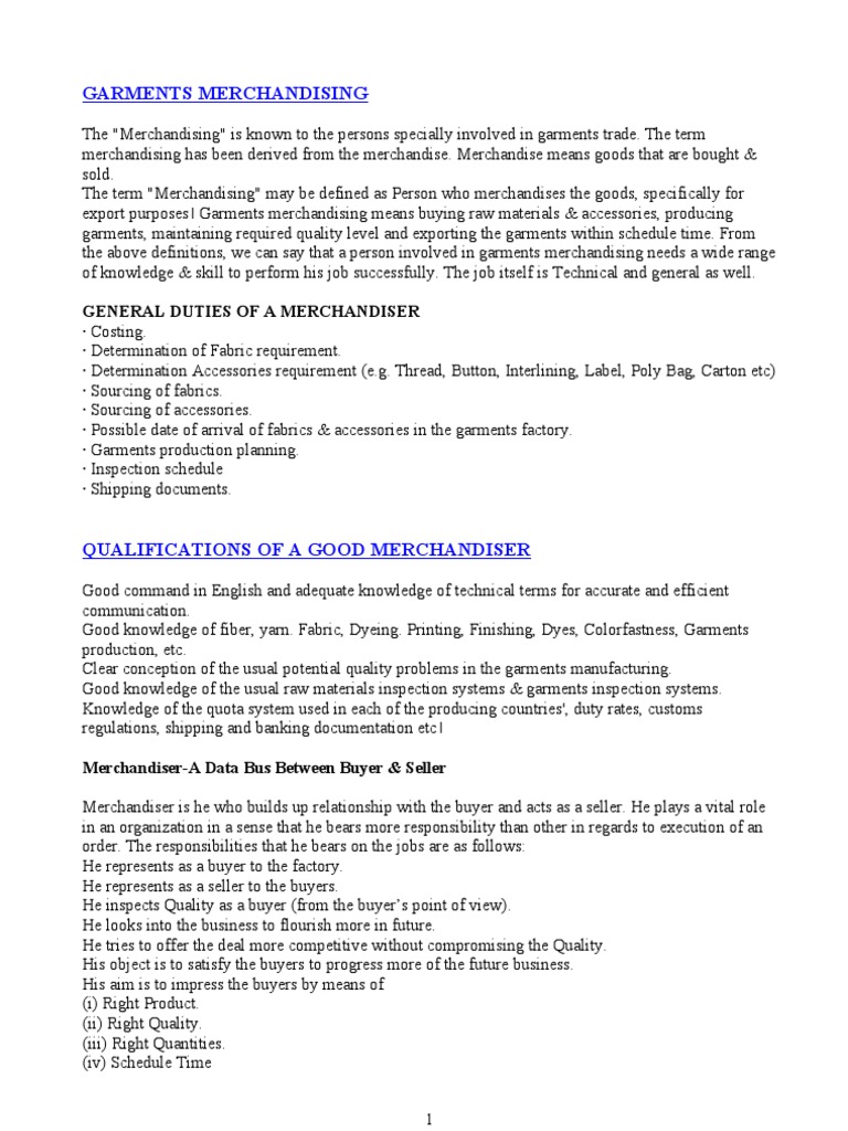 Garments Merchandising: General Duties of A Merchandiser | PDF | Yarn ...
