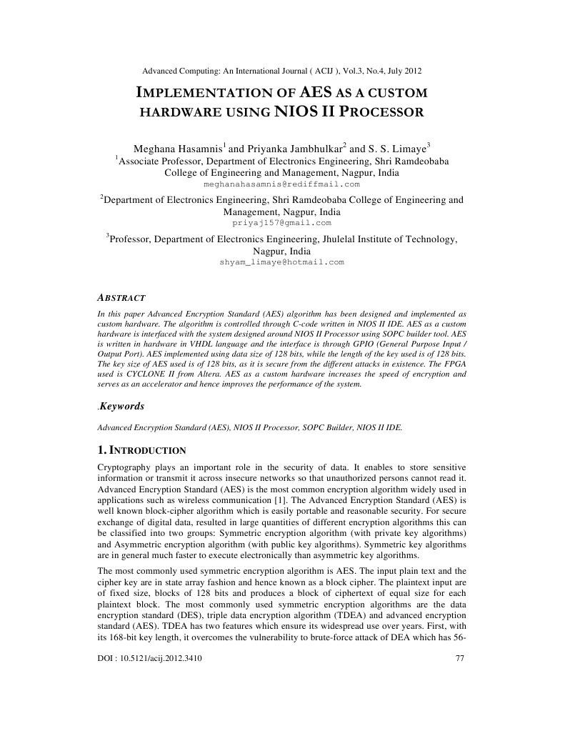 Implementation of AES As A Custom Hardware Using NIOS II Processor ... Implementation of AES As A Custom Hardware Using NIOS II Processor ...