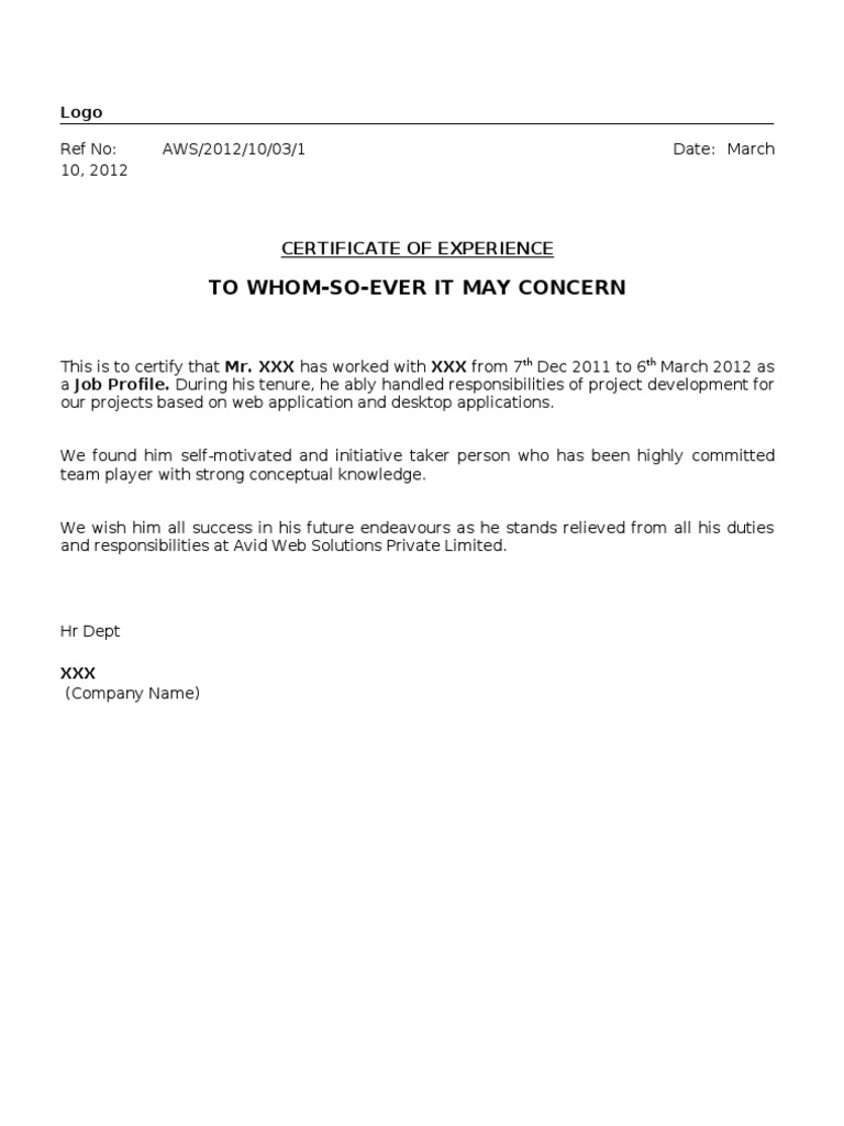 Experience Certificate for Mr. XXX | PDF