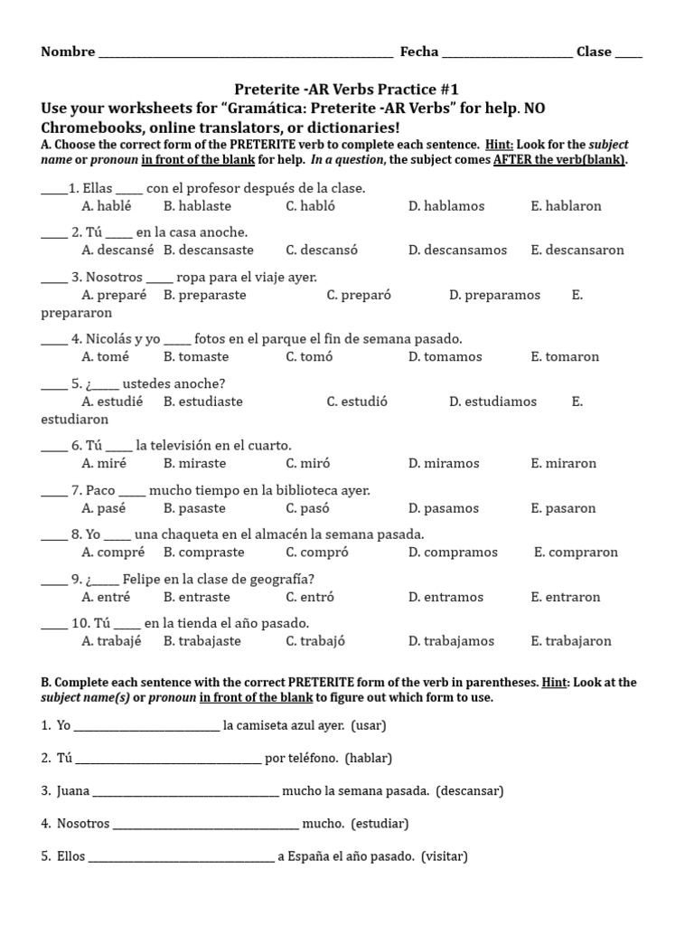 2026 Preterite -AR Practice #1 | PDF