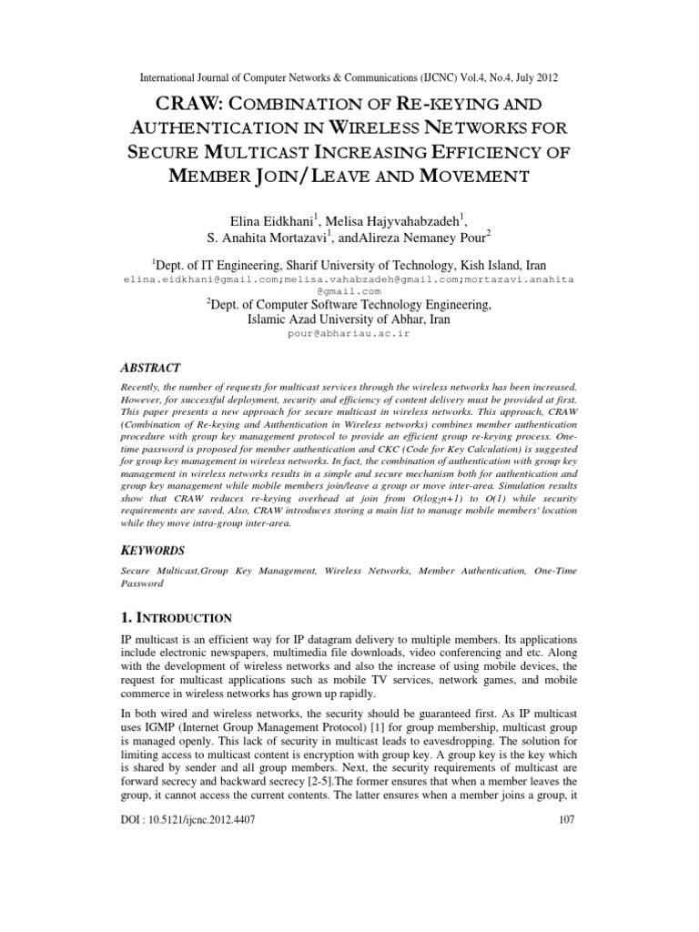 CRAW: Combination of Re-Keying and Authentication in Wireless Networks For Secure Multicast ...