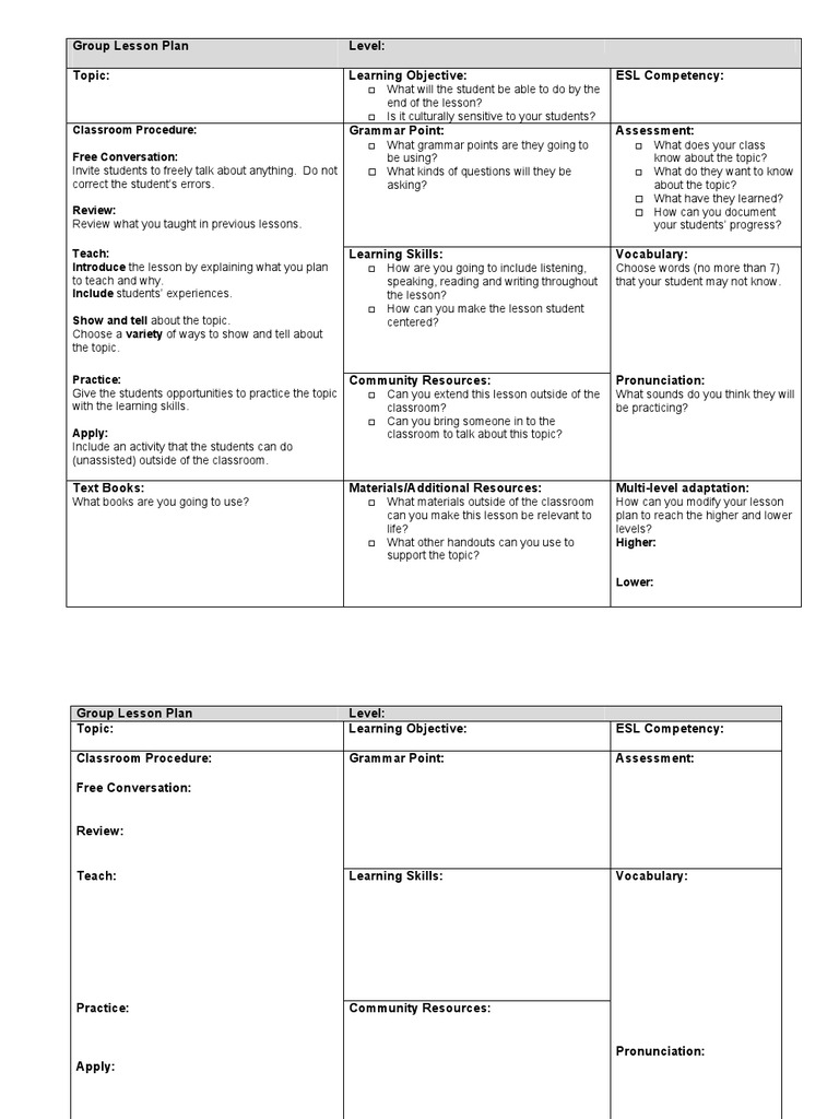 ESL Group Lesson Blueprint | PDF | Language Arts & Discipline
