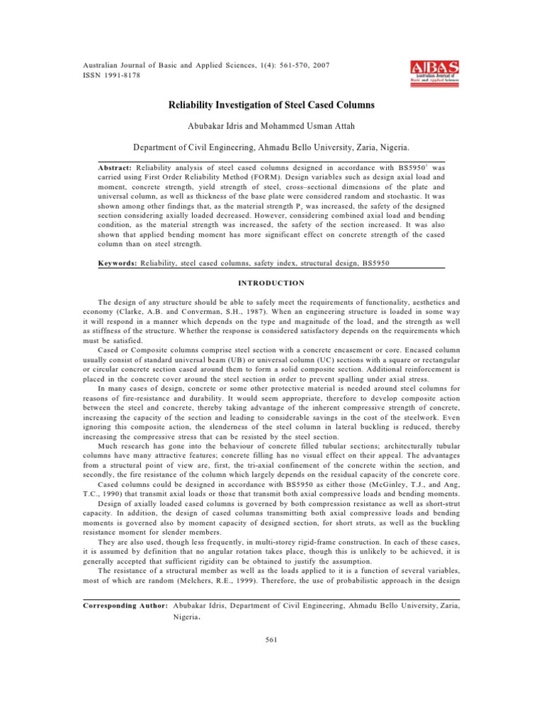 Reliability Investigation of Steel Cased Columns | PDF | Column ...