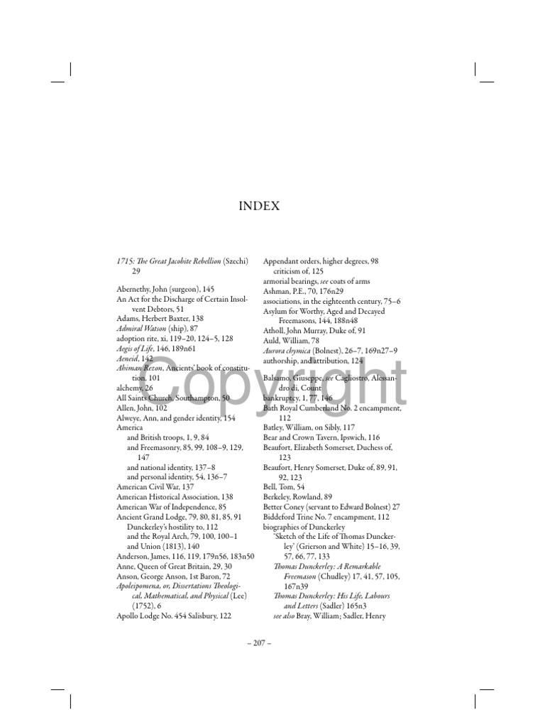 Index From Thomas Dunckerley and English Freemasonry | PDF ...