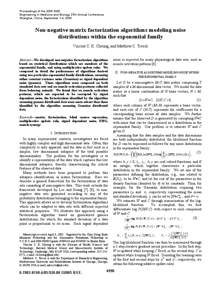 Non-Negative Matrix Factorization Algorithms Modeling Noise Distributions Within The Exponential ...