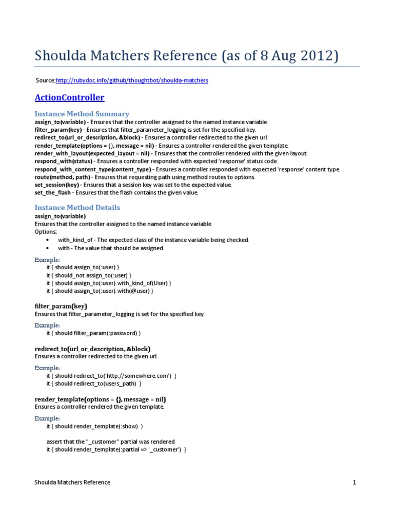 Shoulda Matcher Reference | PDF | Computer Programming | Computing