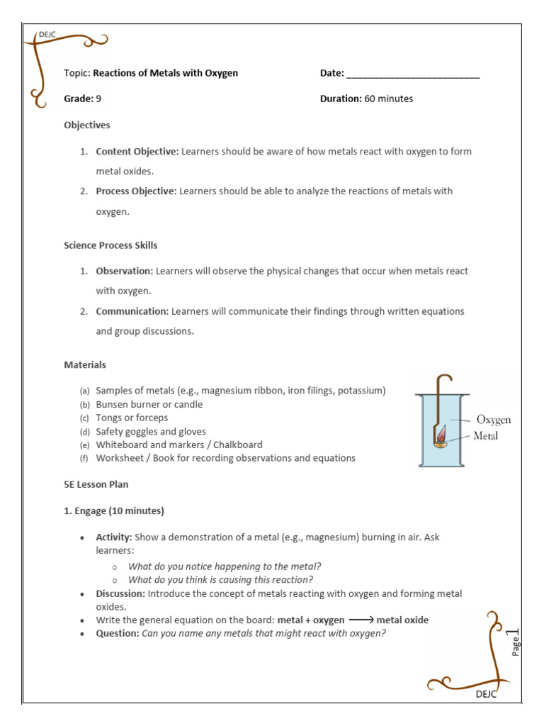 Grade 9 Reactions of Metals With Oxygen Lesson Plan | PDF | Magnesium ...