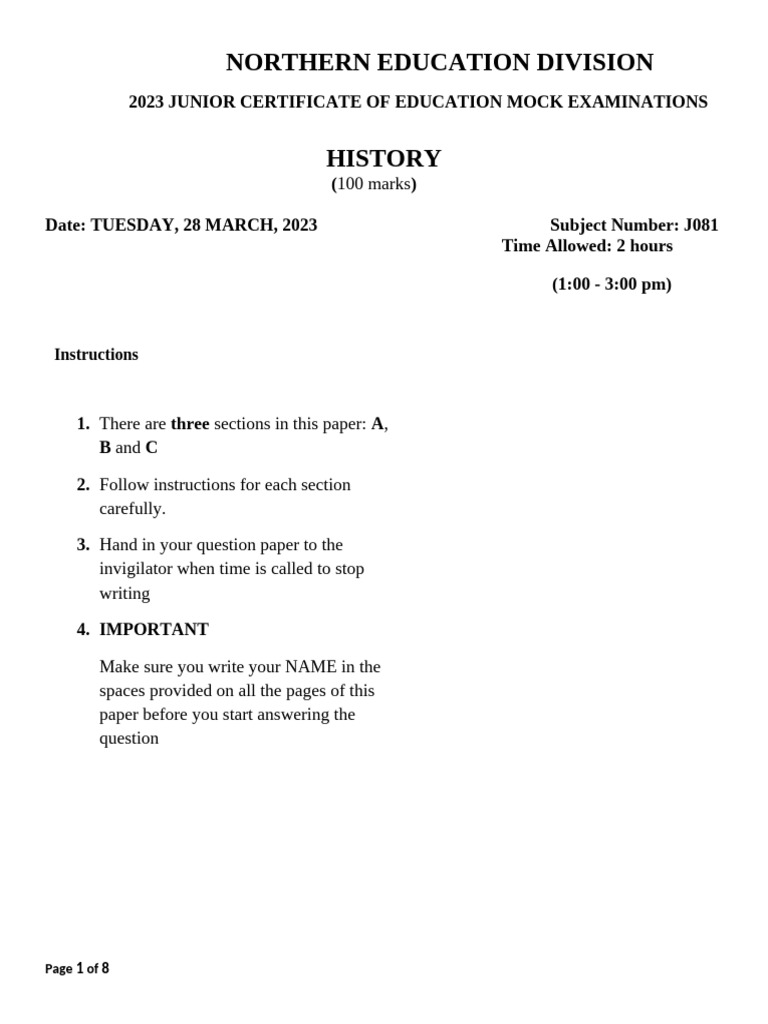 2023 Ned Jce History Mock | PDF