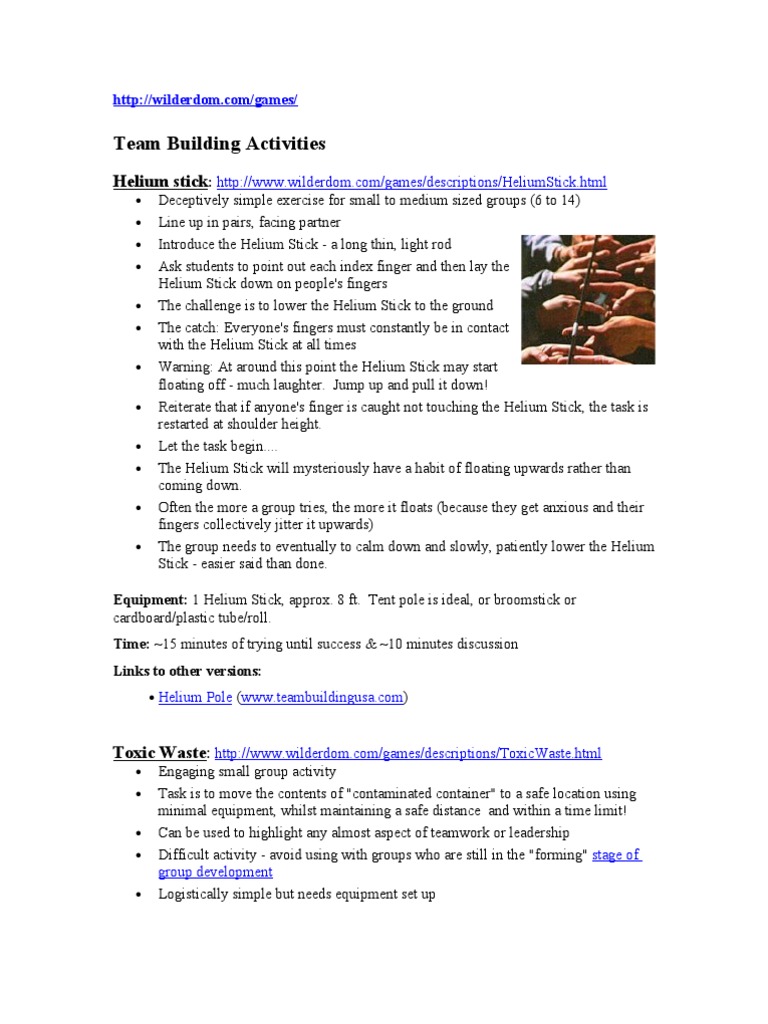 Team Building Activities: Helium Stick | PDF | Land Mine | Team Building