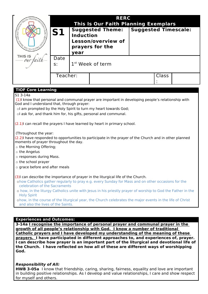 s1 Induction Lesson Overview of Prayers For The Year | PDF | Mass ...
