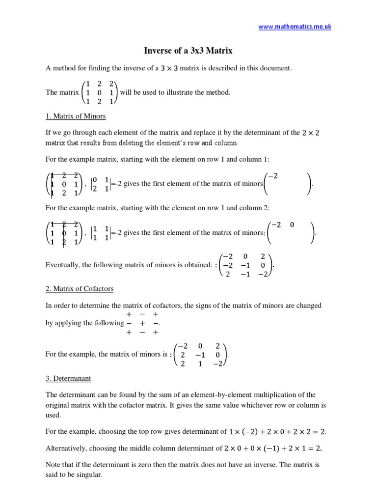 Inverting a 3x3 Matrix Method | PDF