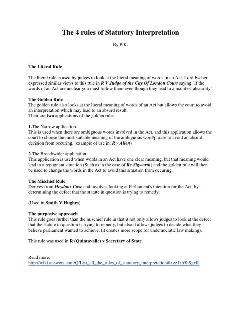 The 4 Rules of Statutory Interpretation | PDF | Bill (Law) | Plain ...