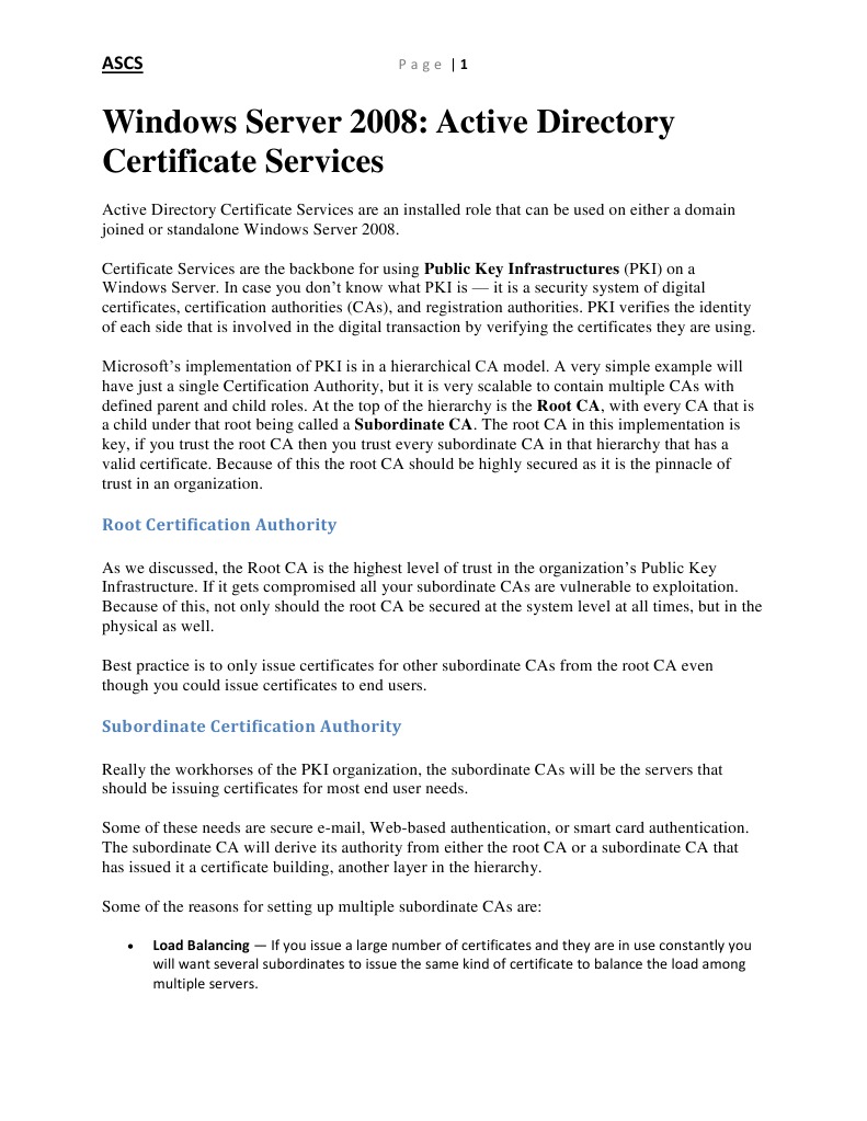 Windows Server 2008: Active Directory Certificate Services: Root ...