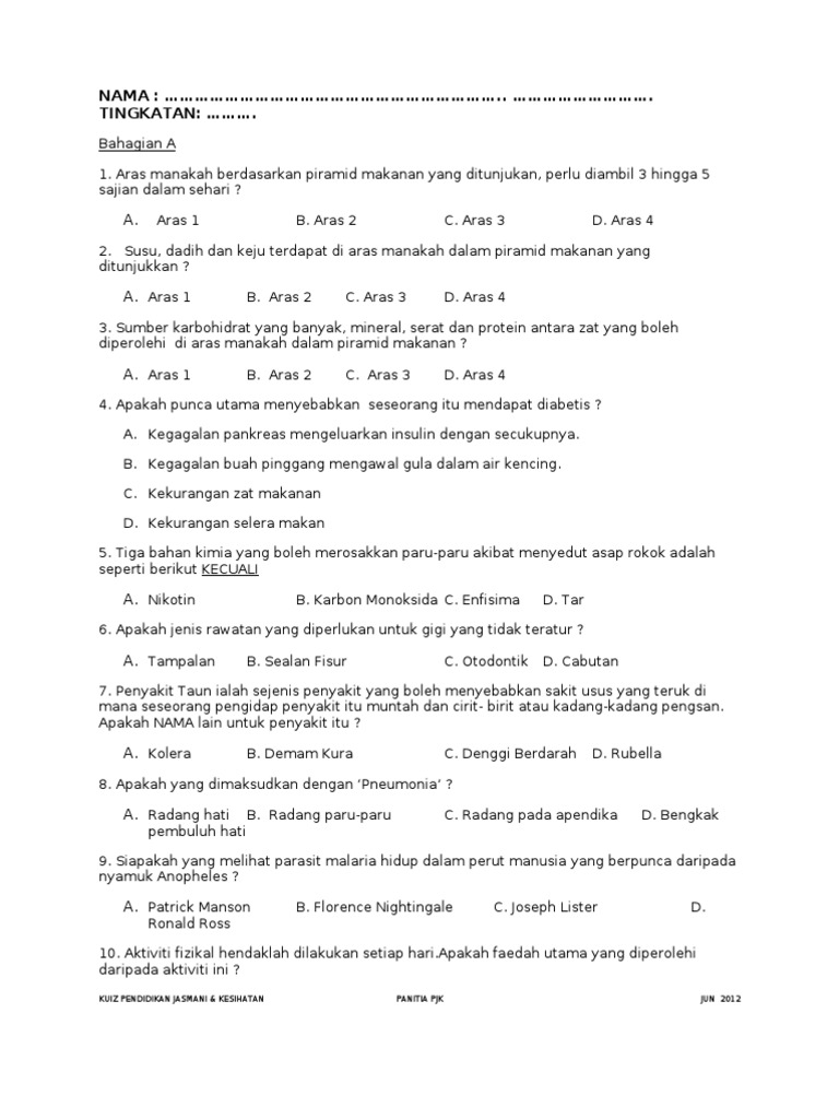 Soalan Kuiz Pendidikan Jasmani Dan Kesihatan Sekolah Menengah | PDF