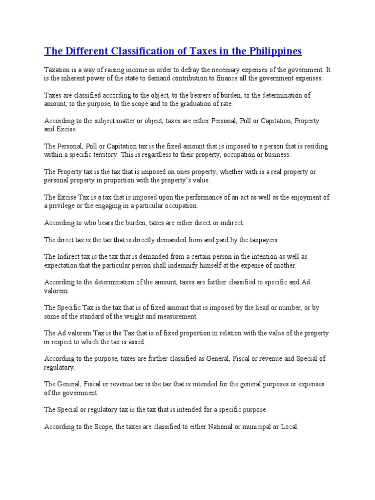 The Different Classification of Taxes in The Philippines | PDF | Public ...