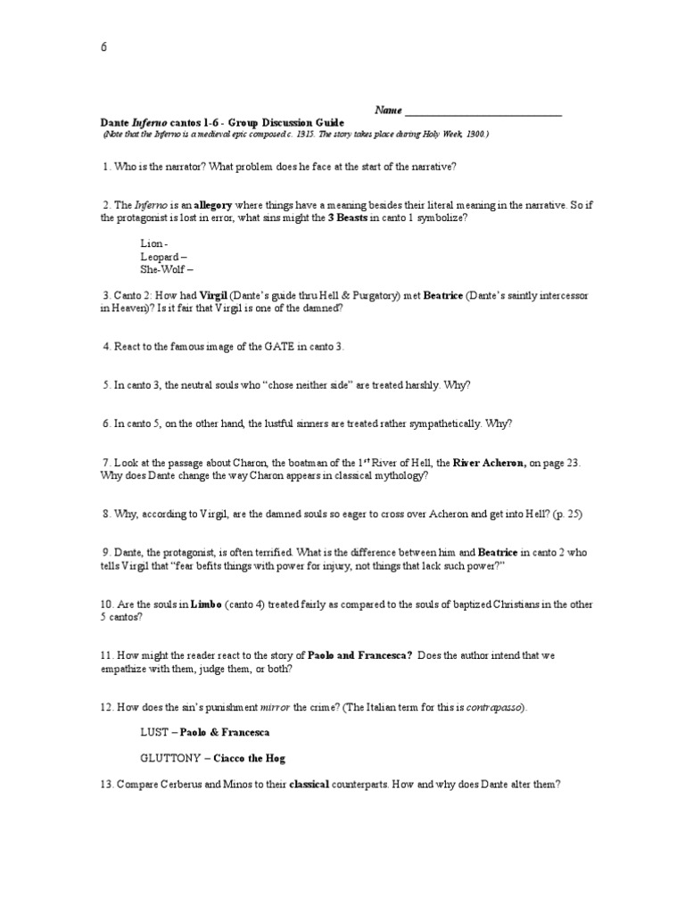 Dante Inferno Discussion Guide | PDF | Dante Alighieri | Inferno (Dante)