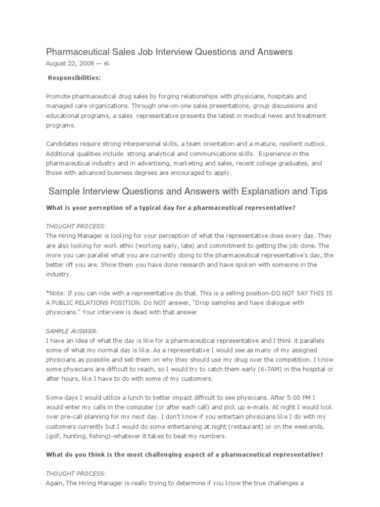 Pharmaceutical Sales Job Interview Questions and Answers | PDF | Sales ...