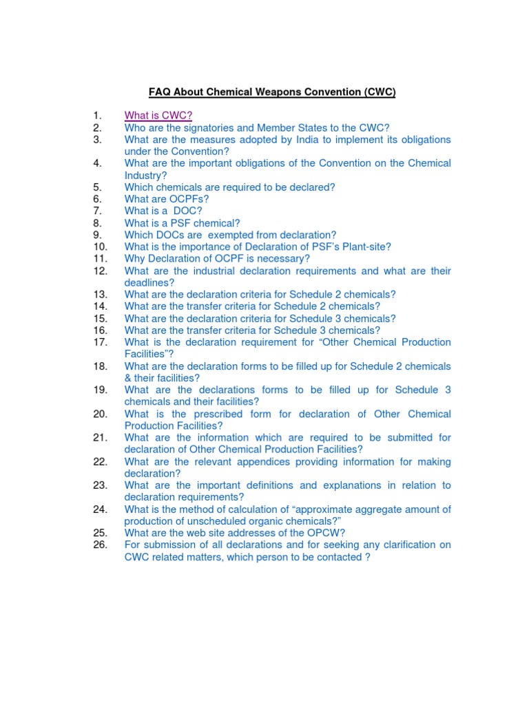 What Is CWC?: FAQ About Chemical Weapons Convention (CWC) | PDF ...