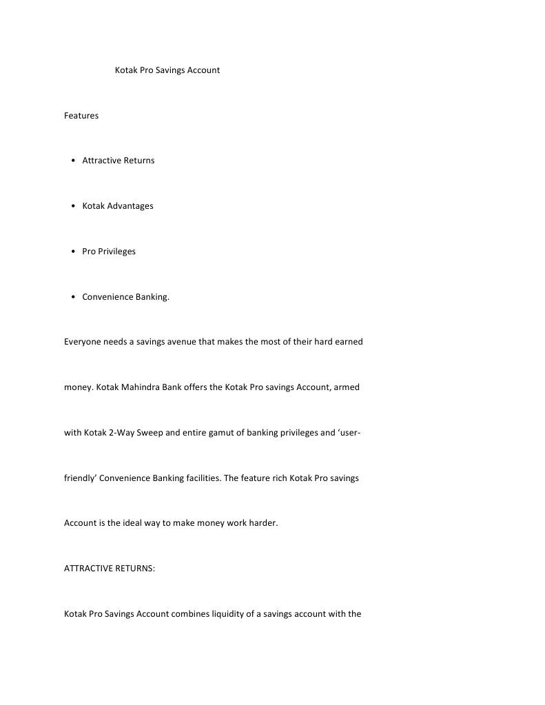 Kotak Pro Savings Account Features | PDF | Cheque | Savings Account