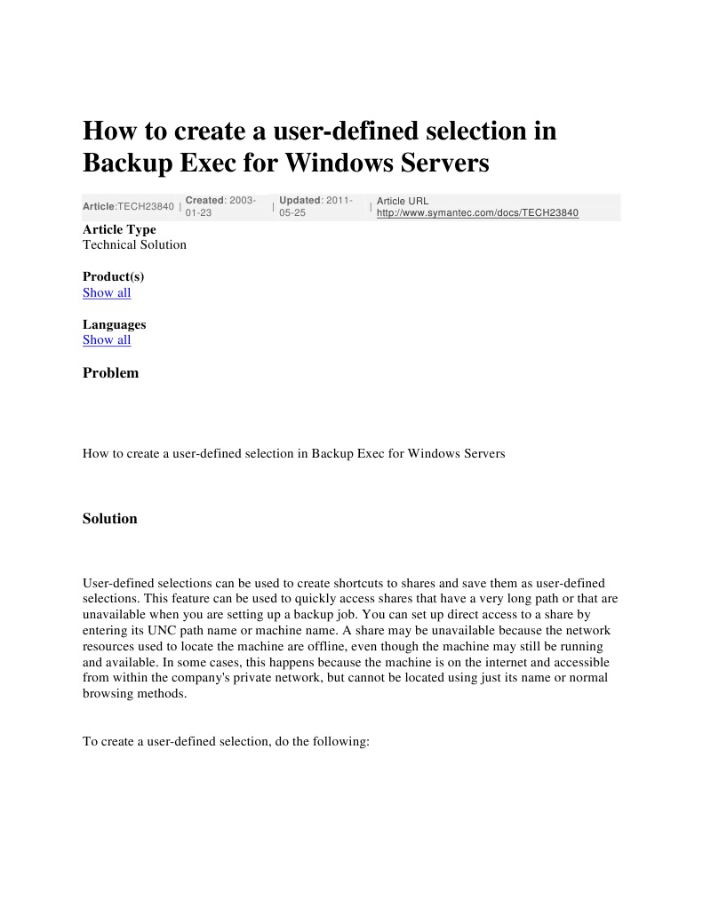 Backup Exec: Custom Selections Guide | PDF