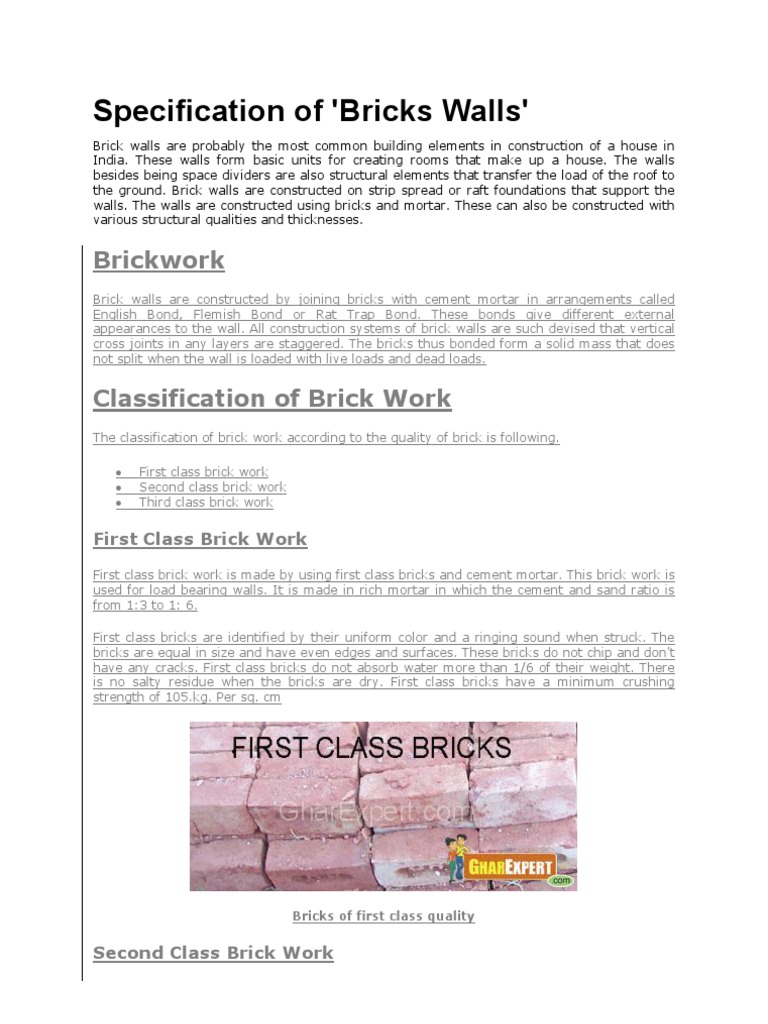 Specification of Bricks Walls | PDF