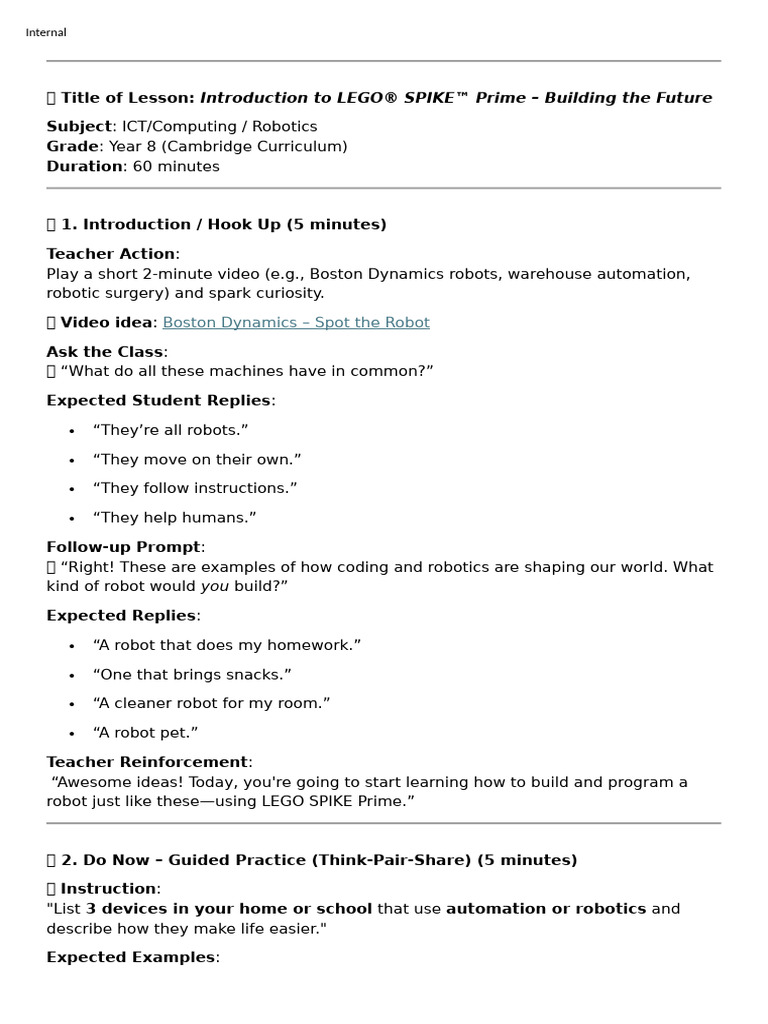 ? Grade 8-Introductory lesson-Spike Prime | PDF