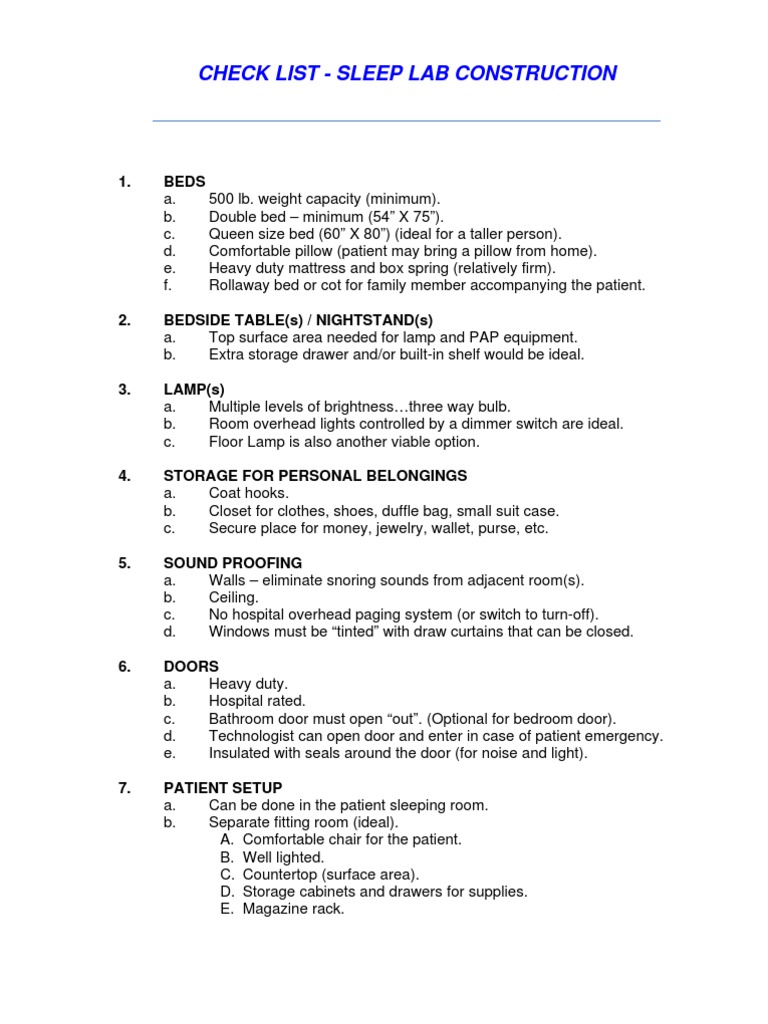 Checklist for Sleep Lab Contruction | Bedroom | Bathroom