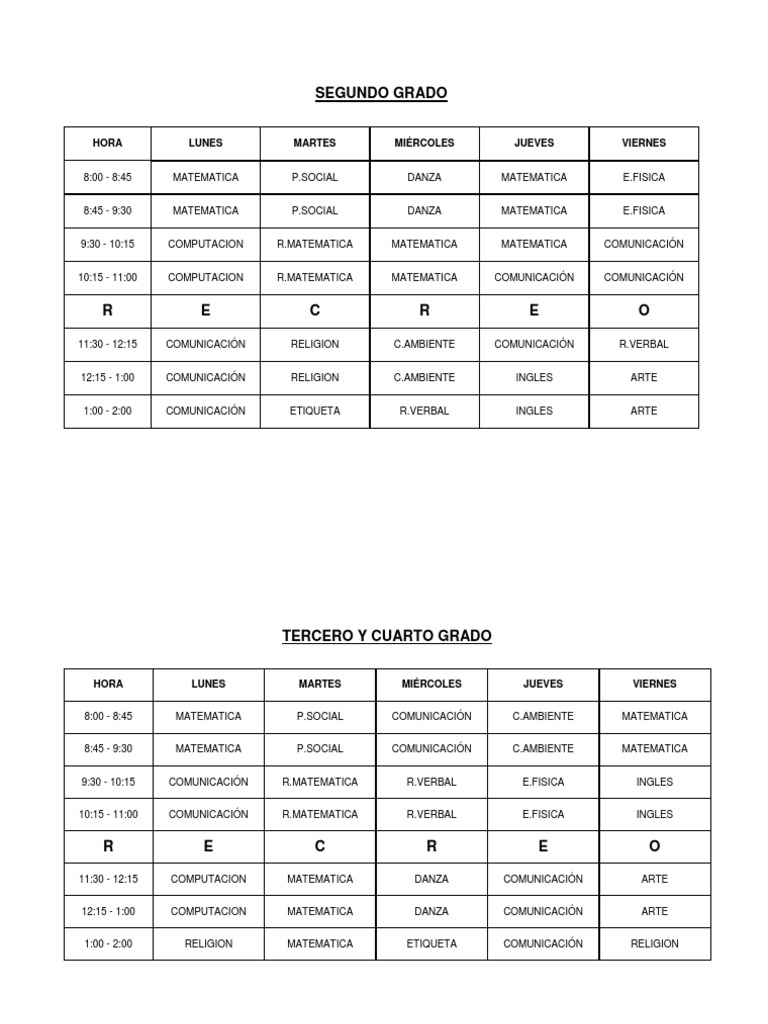 Horario Escolar por Grado y Materia | PDF