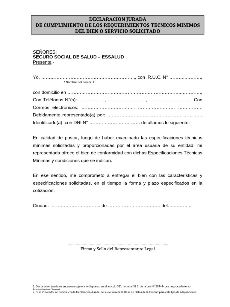 Declaracion Jurada de Cumplimiento de Tdr (1) | PDF