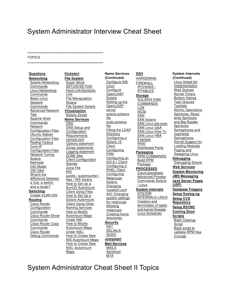 System Administrator Interview Cheat Sheet | Osi Model | Network Switch