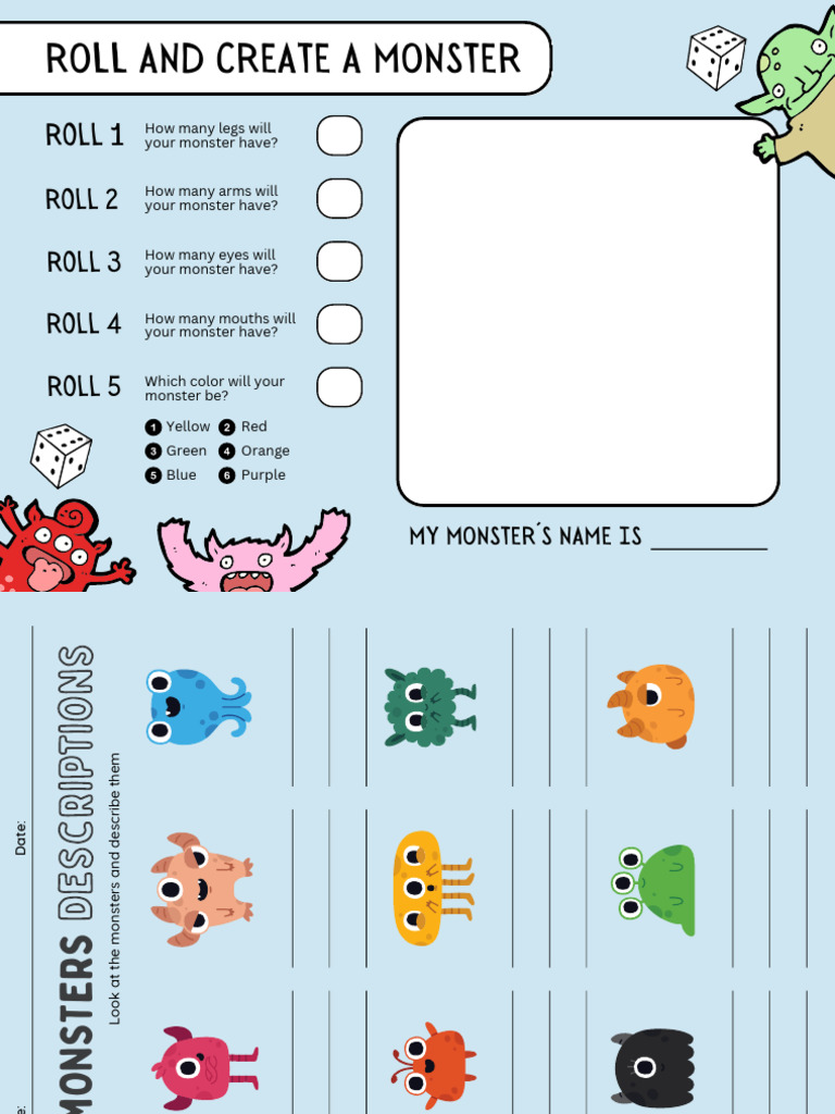 Roll and Draw a Monster Digital and Printable Worksheet in Colorful ...