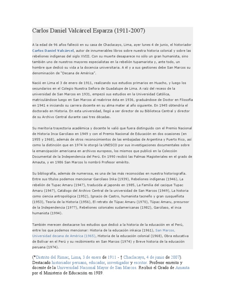 Legado de Carlos Daniel Valcárcel | PDF | Universidad | Lima