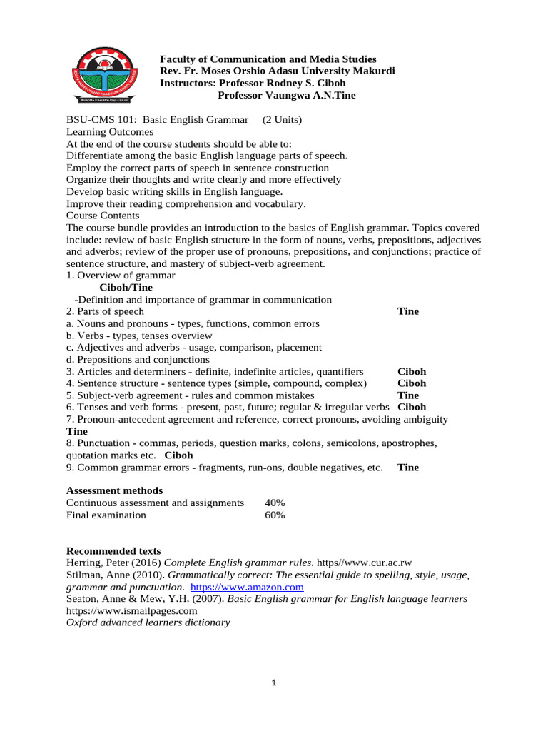 BSU-CMS 101 Basic English Grammar | PDF | Verb | Adjective