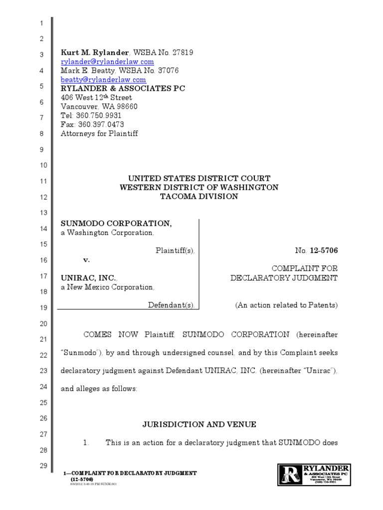 Sunmodo v. Unirac | PDF | Declaratory Judgment | Patent Infringement