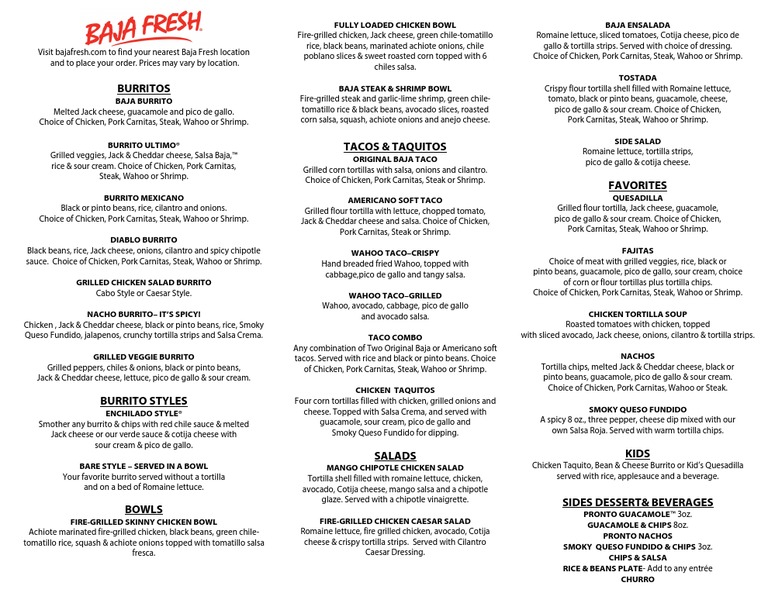 Baja Fresh Printable Menu | Burrito | Taco