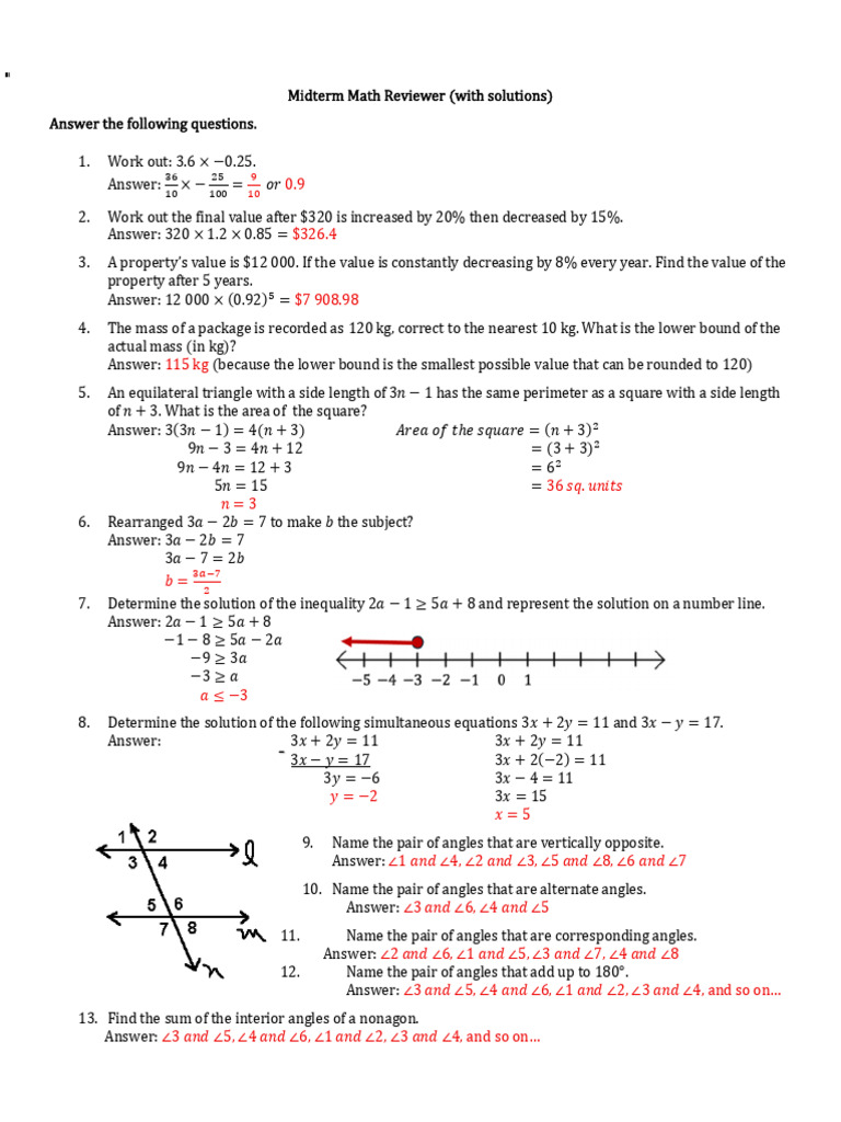 Math Grade 8 2025-26 Reviewer With Solutions | PDF | Angle | Area