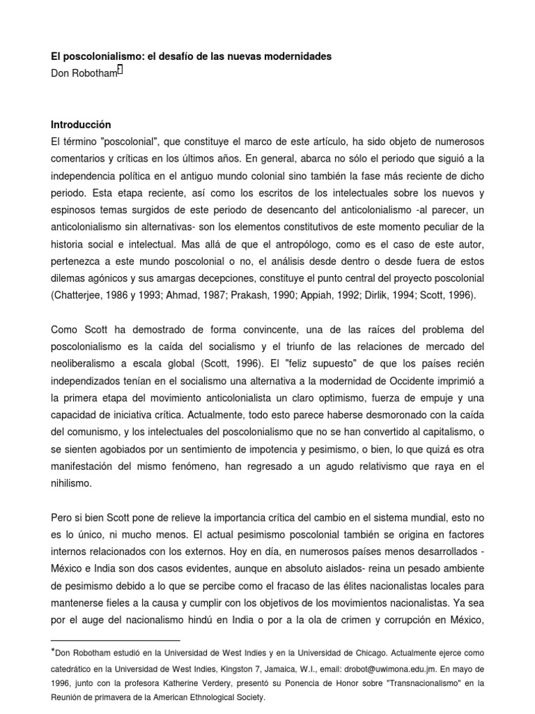 El Poscolonialismo El Desafío de Las Nuevas Modernidades | PDF ...