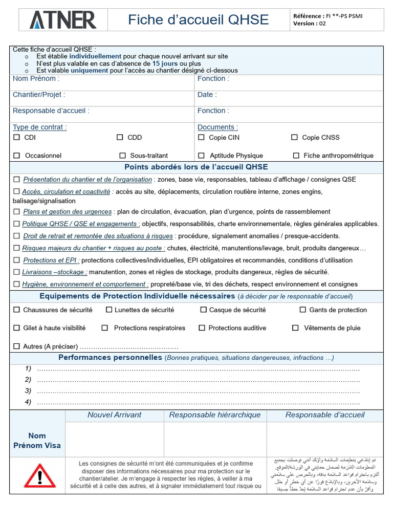 Fiche D'accueil Qhse ATNER | PDF | Équipement de protection ...