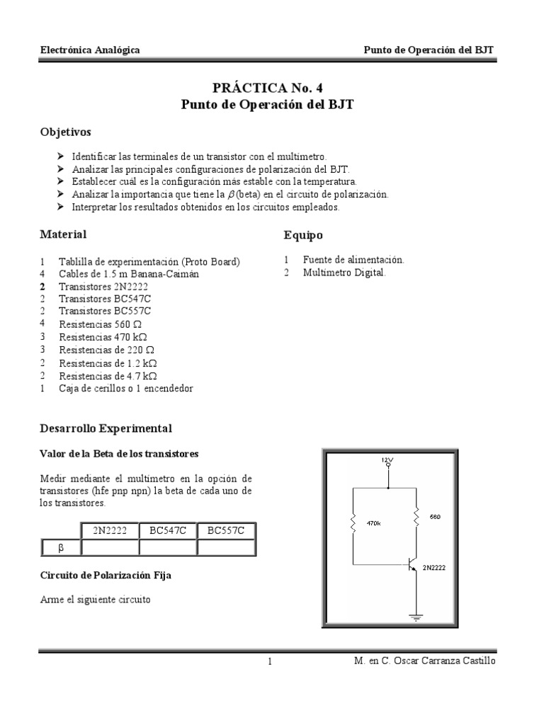 Practica 4: Punto de Operación del BJT | PDF | Transistor de unión bipolar | Transistor