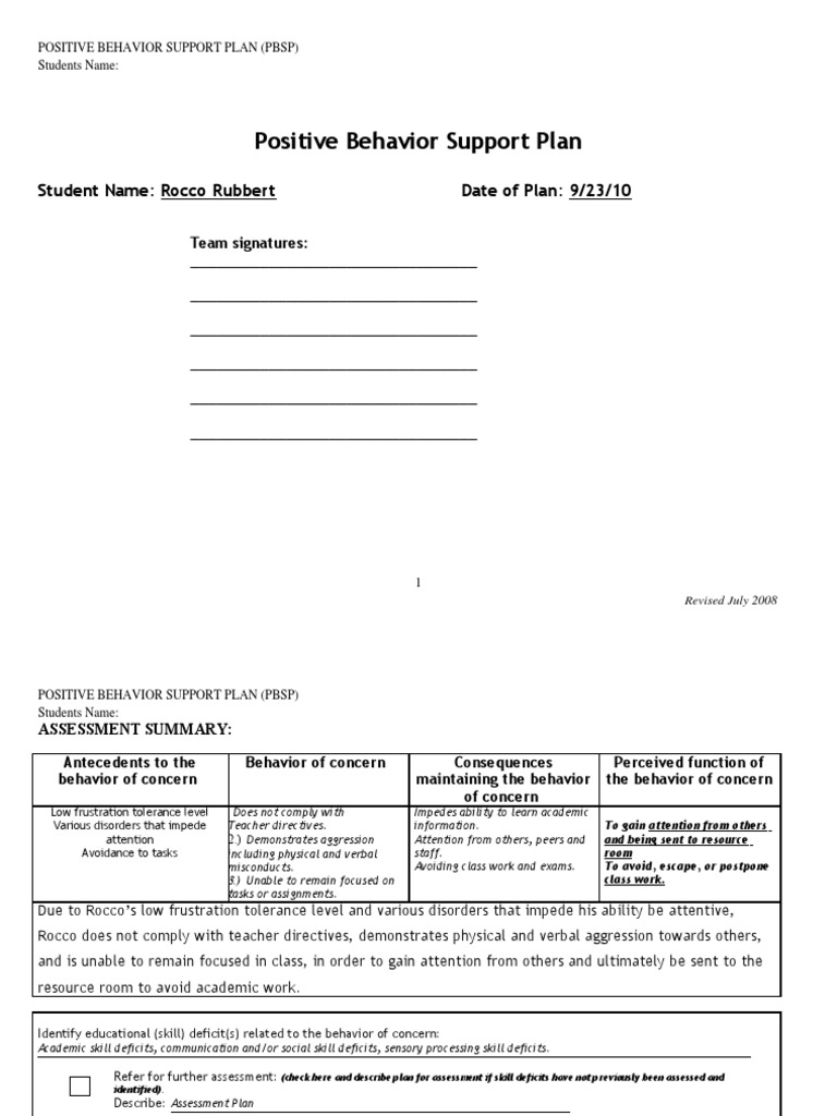 Positive Behavior Support Plan (2) | Individualized Education Program ...