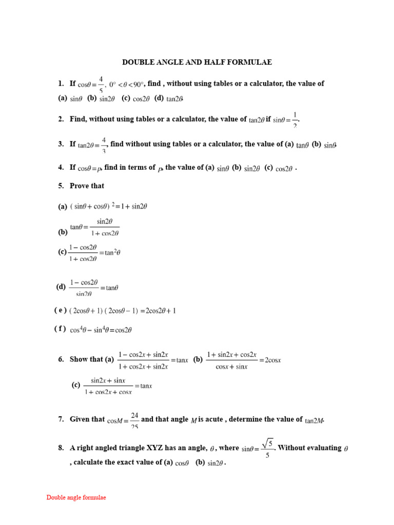 2023 Double Angle and Half Angle Formulae Unit 1 | PDF