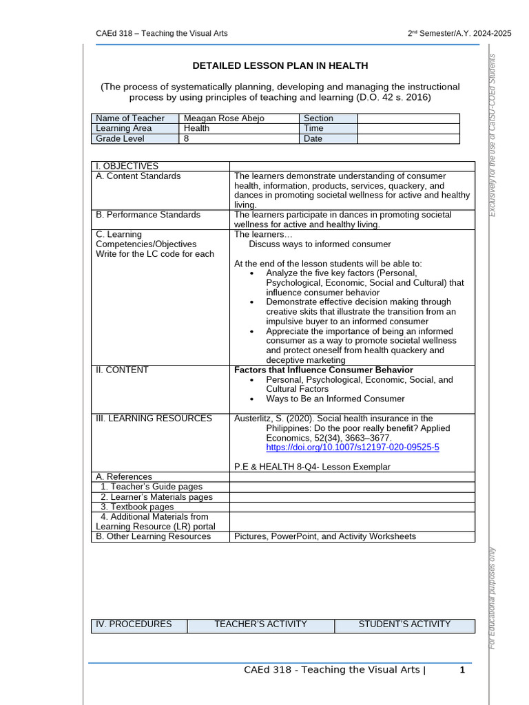 Lesson-Plan in Health | PDF | Consumer Behaviour | Mind