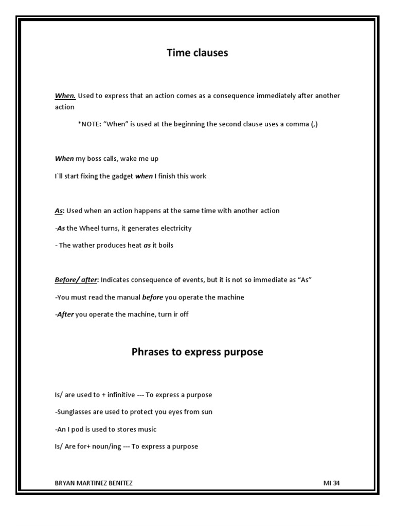 Time Clauses: Bryan Martinez Benitez MI 34 | PDF | Language Mechanics ...