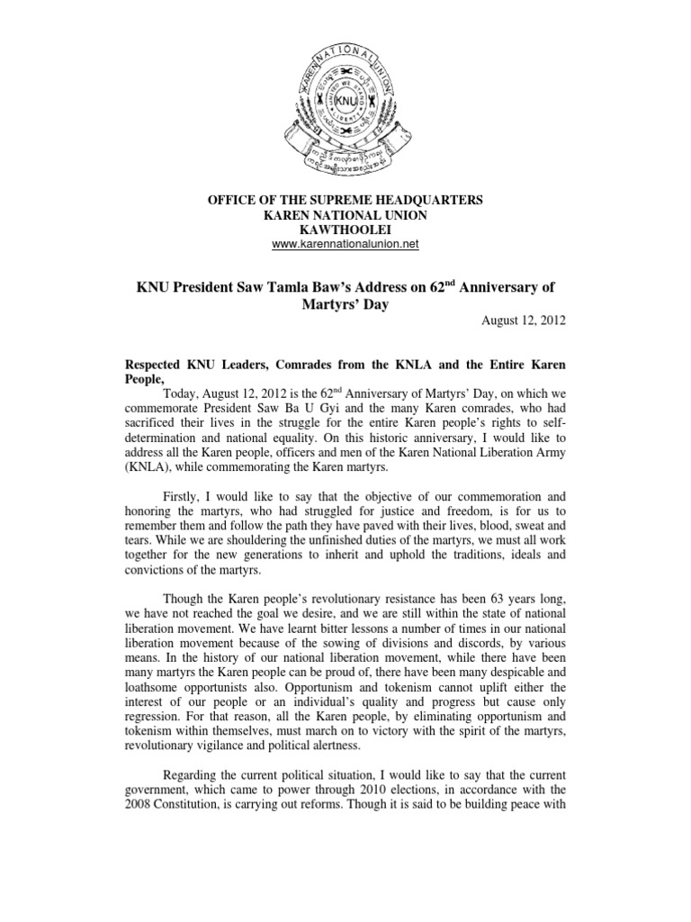 KNU President's Martyrs' Day Address | PDF