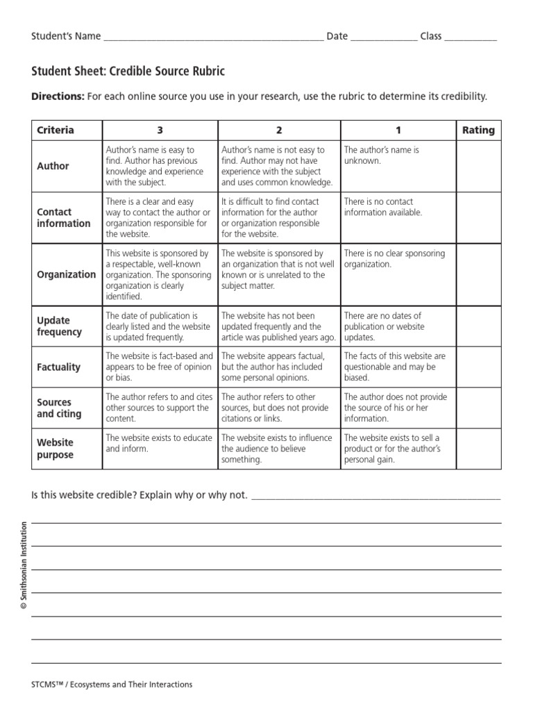 Student Sheet Credible Source Rubric | PDF | Cognition | Human ...